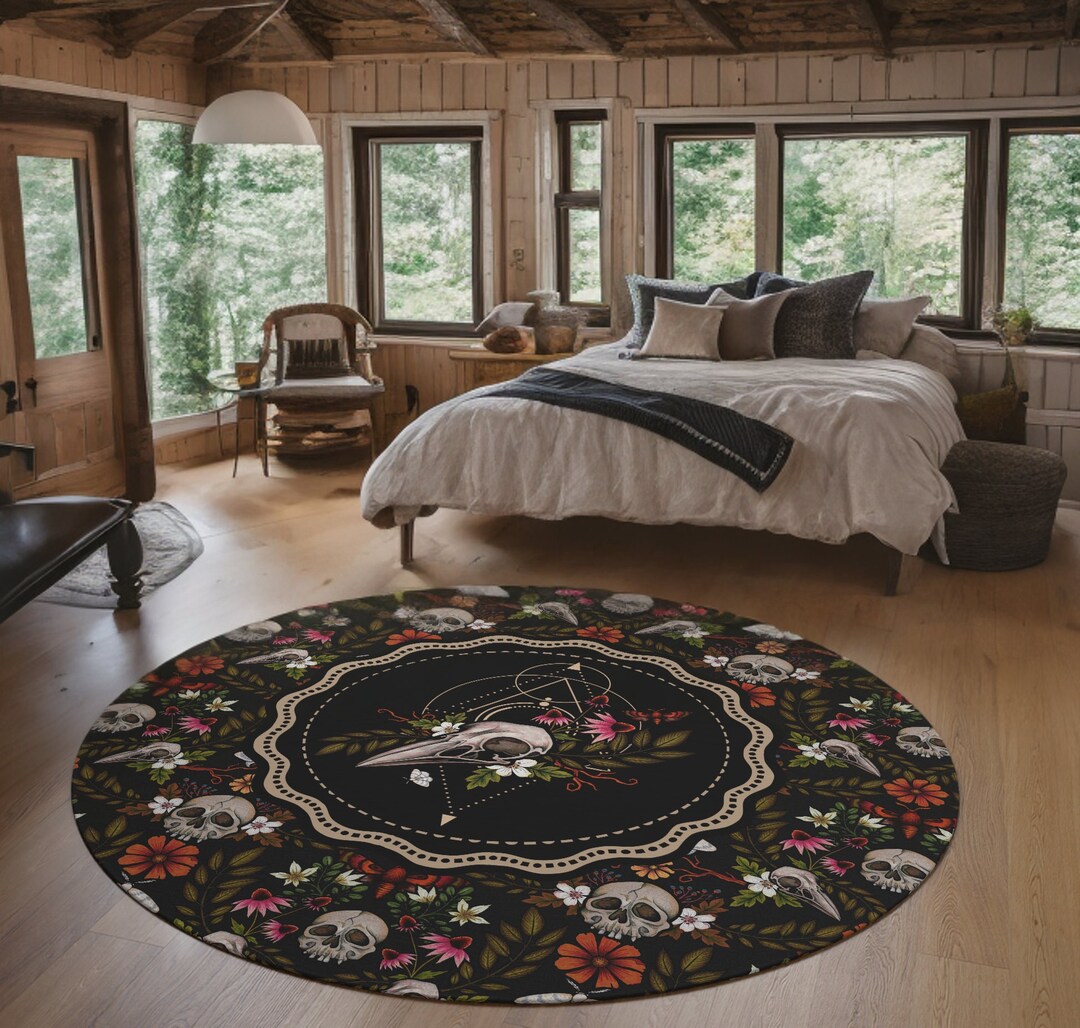 Dark Cottagecore Rug - Gothic Round Area Carpet With Macabre Floral ...