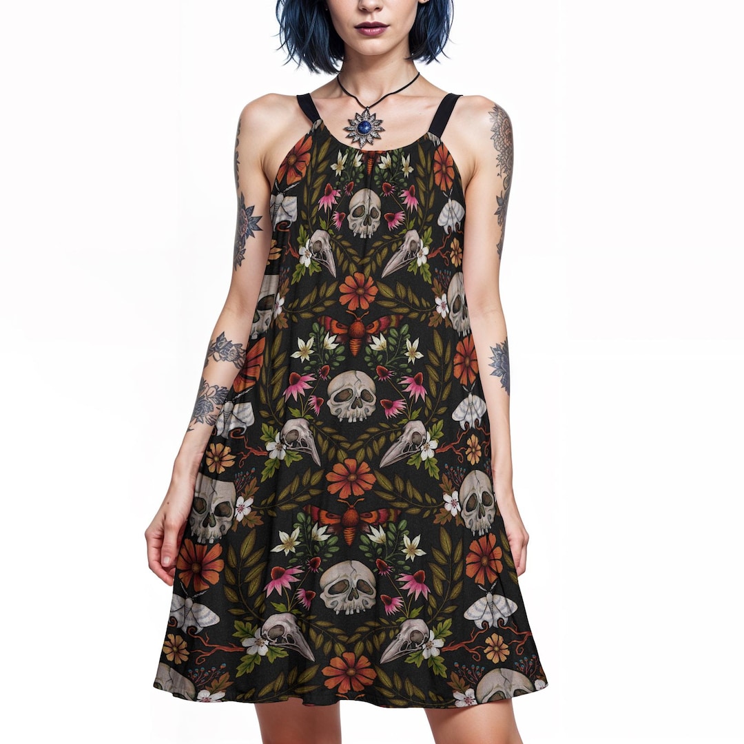 Dark Forest Cotton Dress, Gothic Floral O-ring Cami Sundress W Witchy ...