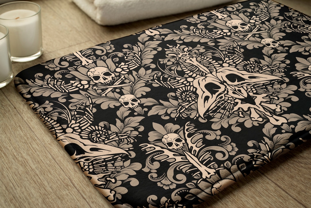 Damask Bones Bath Mat, Macabre Victorian Goth Skull Shower Rug in Black ...