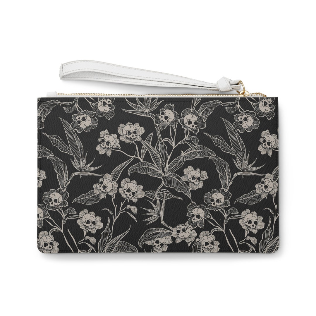 Gothic Floral Clutch Bag, Spooky Tiki Skull Flower Wrist Pouch or Small ...