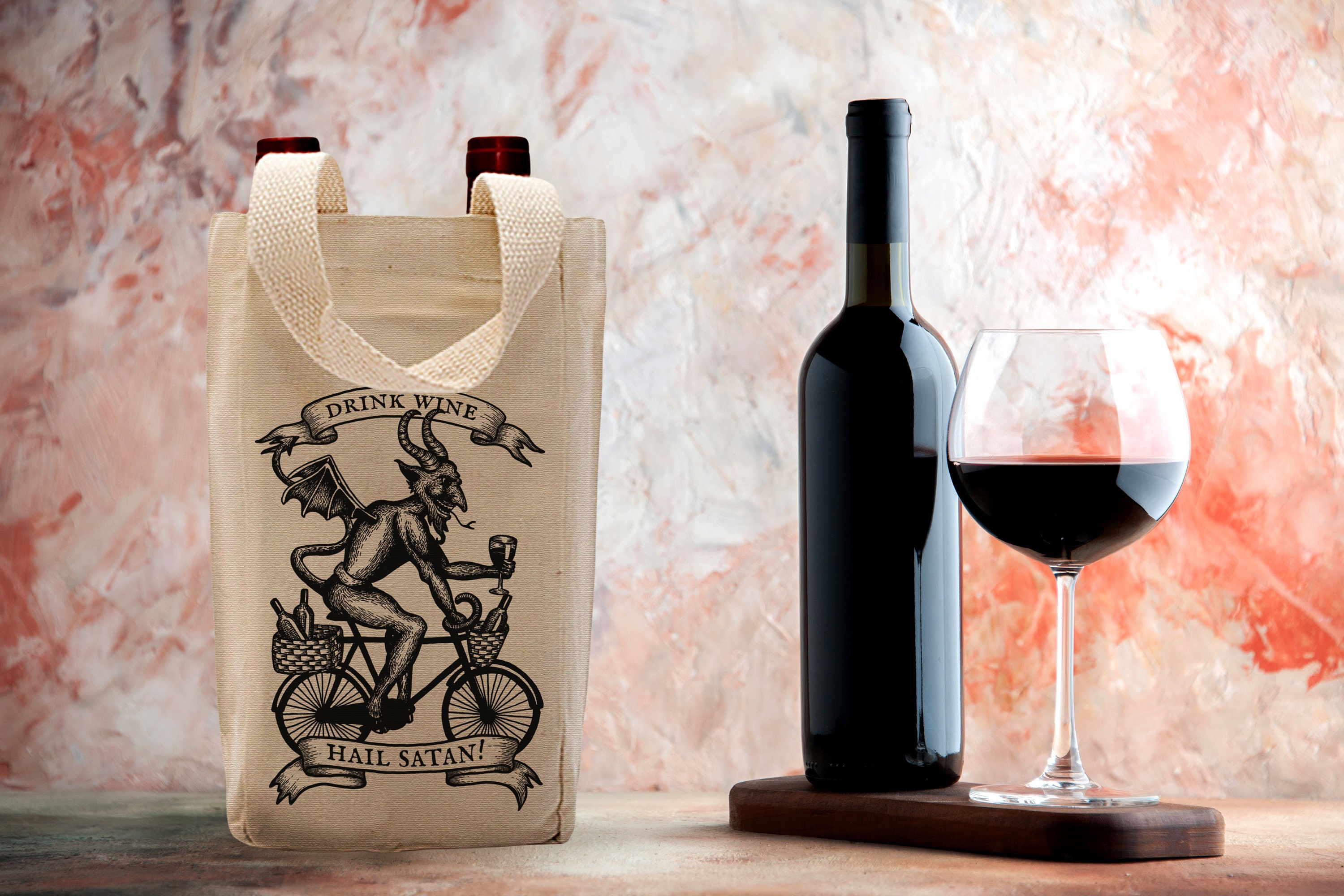 Satanic Wine Tote - Double Canvas 'drink Wine, Hail Satan' Devil on a ...