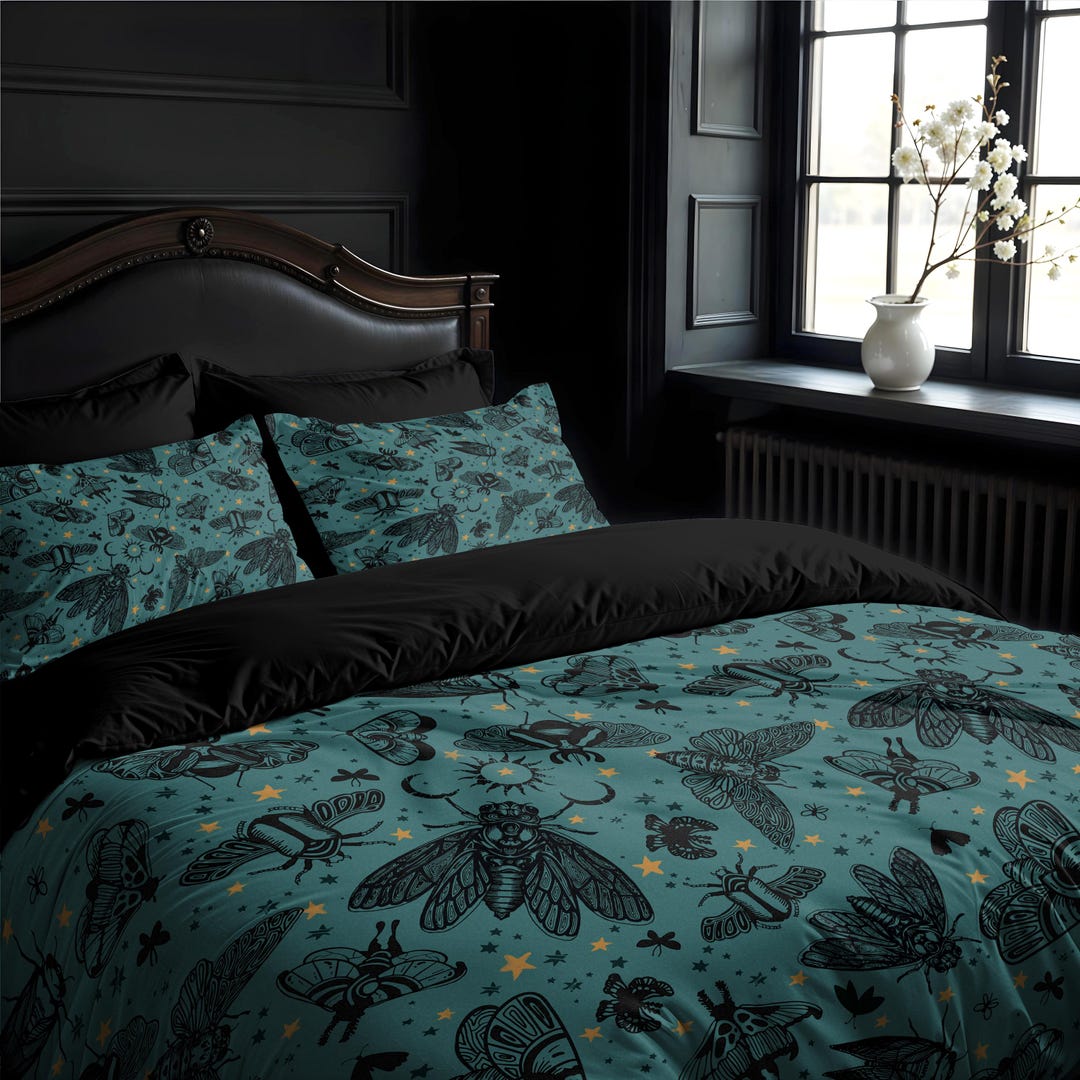 Teal Moth Bedding, Witchy Gothic Cicada Duvet Cover + Pillowcase Set in ...