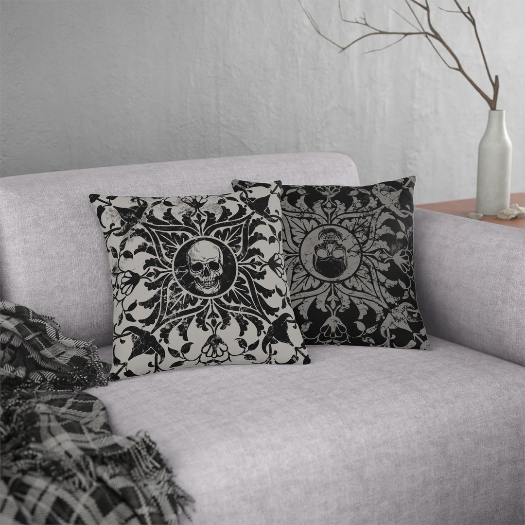 Gothic Skull Throw Pillow - Spooky Victorian Black & White Reversible ...