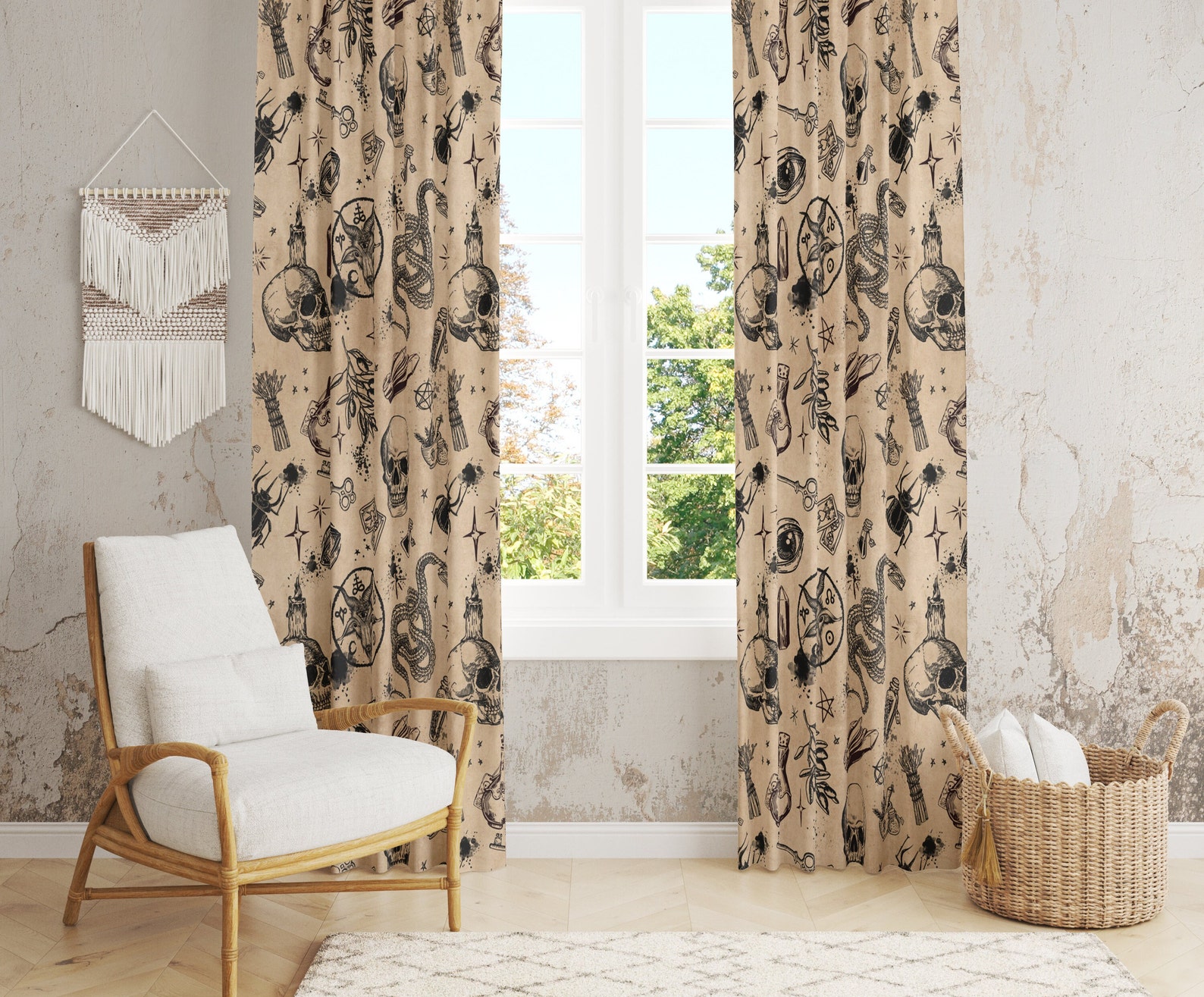 Occult Window Curtain, Beige Drapes W/ Esoteric Symbols, Skeletons, and ...