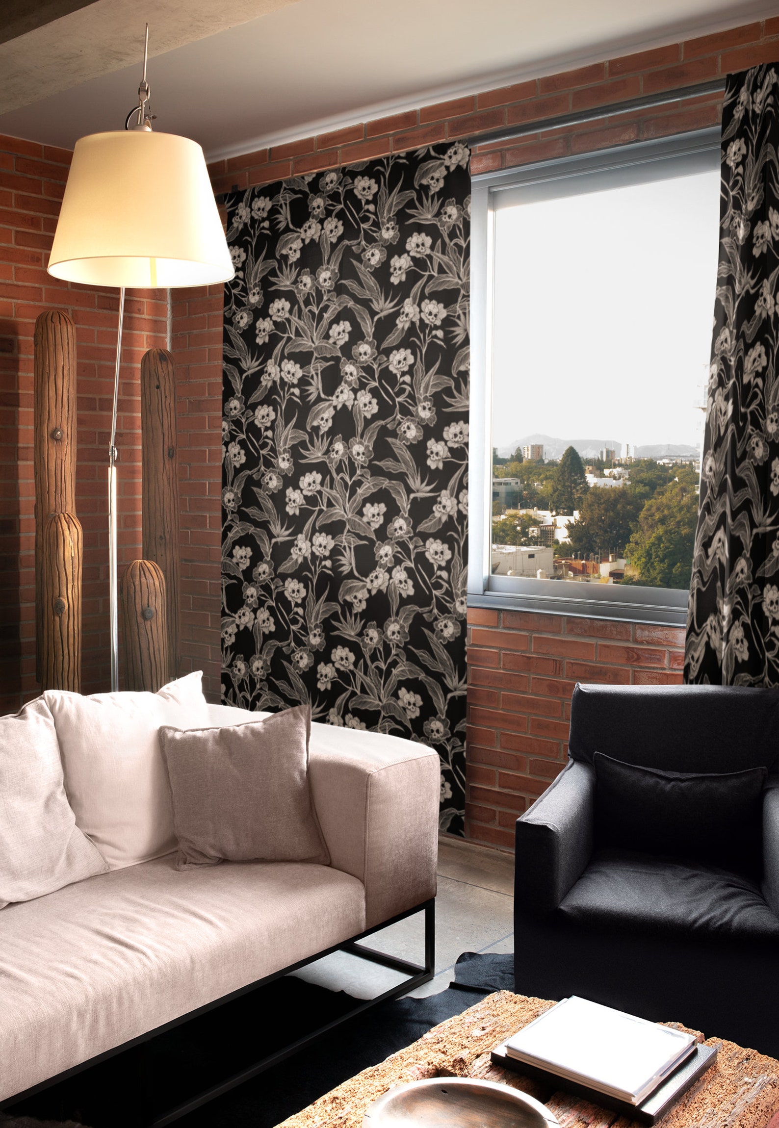 Gothic Floral Curtain, Elegant Macabre Skull Flowers Window Curtains in ...