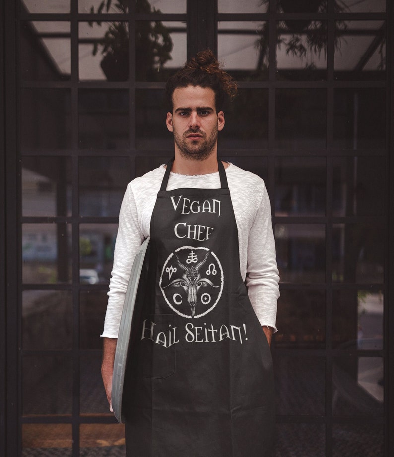 Hail Seitan Apron. Funny Vegan Chef Gift. Baphomet Satanic Kitchenware ...