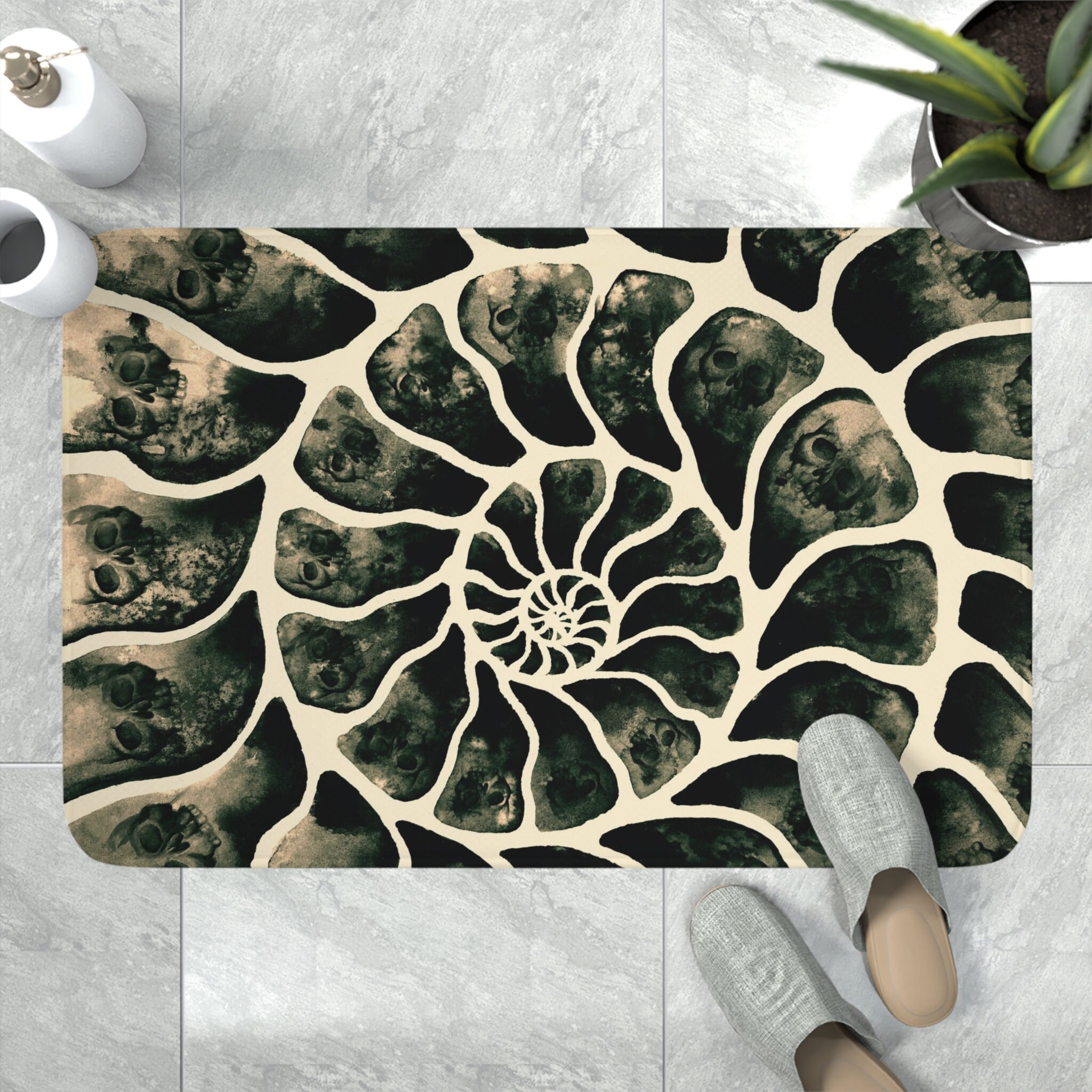 Ammonite Skull Bath Mat, Spooky Goth Seashell Fossil Memory Foam Shower ...