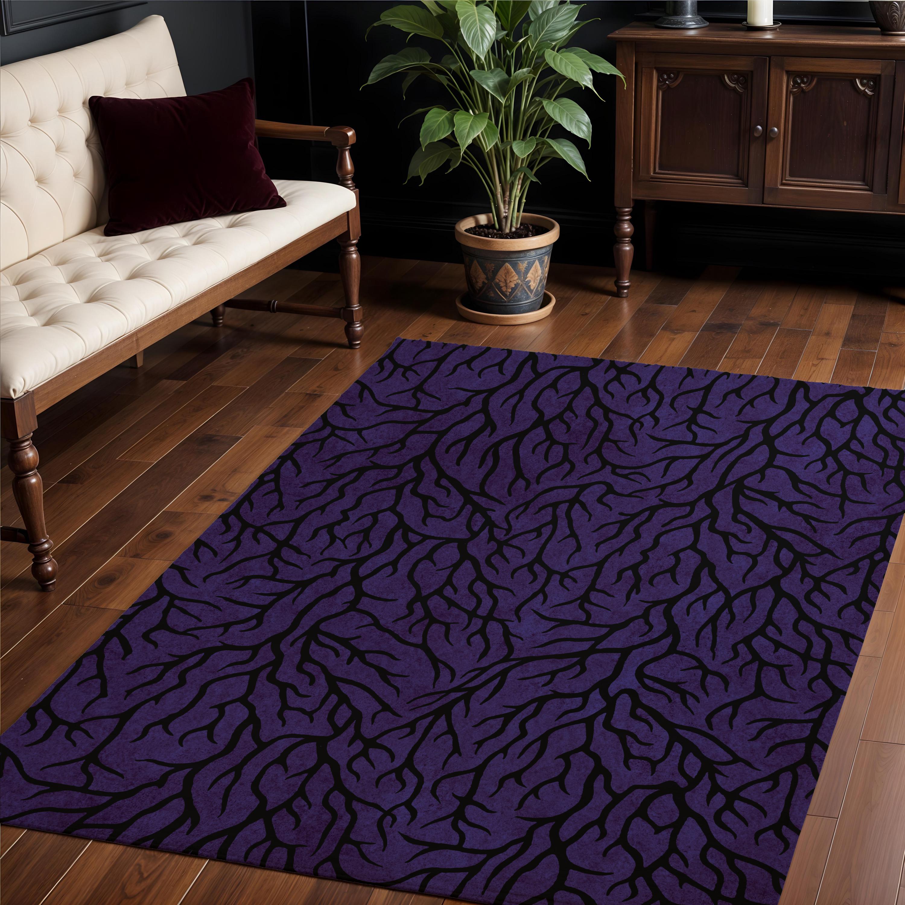 Purple Thorn Floor Mat, No-pile Moody Maximalist Area Rug W/ Spooky Gothic Root & Vine Pattern ...