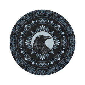 Round Gothic Raven Rug, Black & Blue Witchy Crowcore Decorative Accent ...