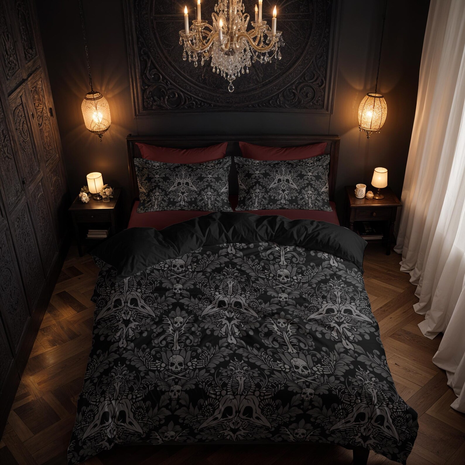 Gothic Baroque Bedding Set, Damask Bones 3-piece Duvet Cover ...