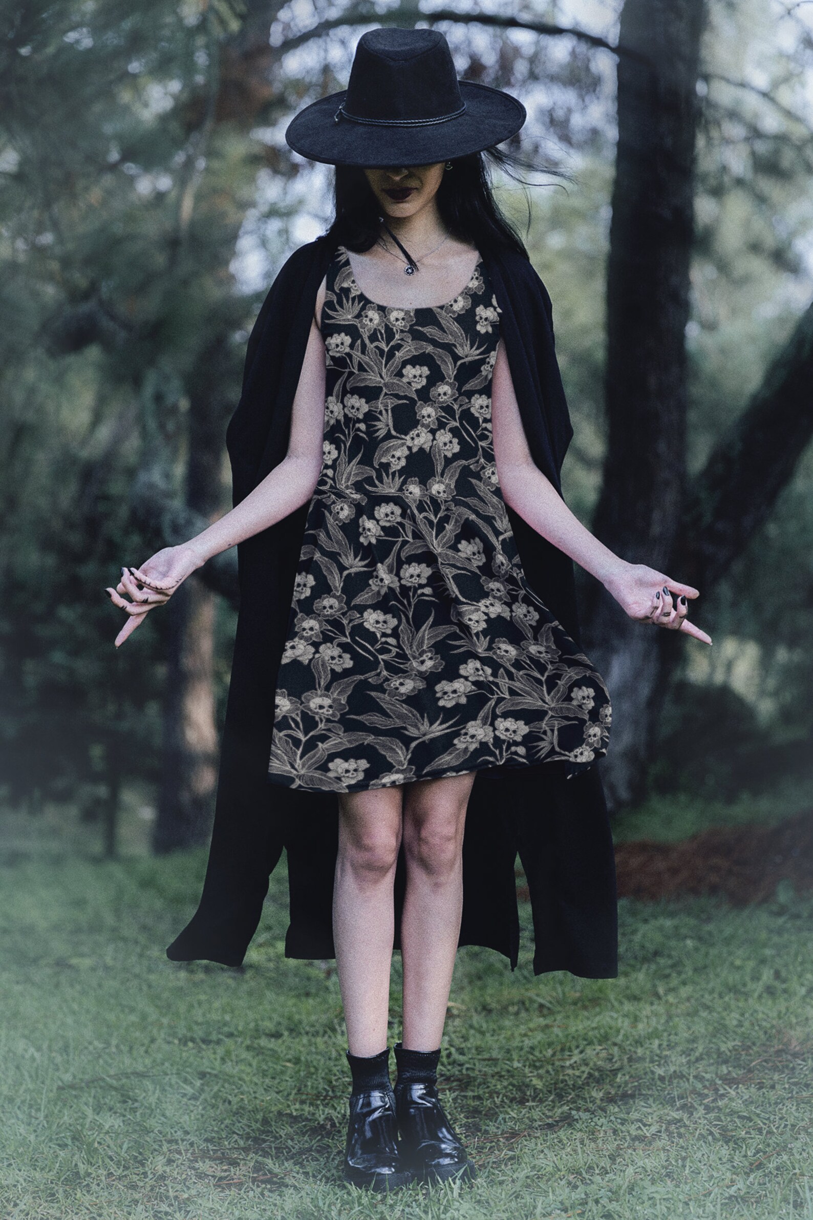Gothic Floral Dress, Death Flowers Skater Dress, Spooky Tiki Tank Sun ...