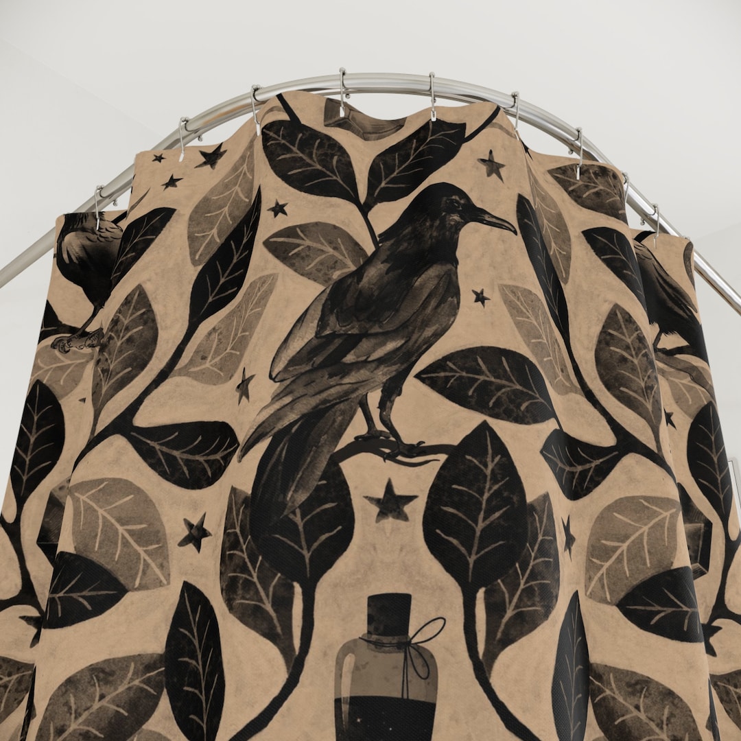 Witchy Raven Shower Curtain, Watercolor Botanical Bath Decor W/ Magick ...