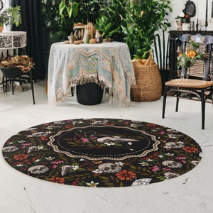 Dark Cottagecore Rug - Gothic Round Area Carpet With Macabre Floral ...