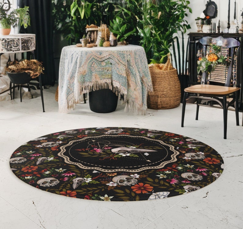 Dark Cottagecore Rug - Gothic Round Area Carpet With Macabre Floral ...