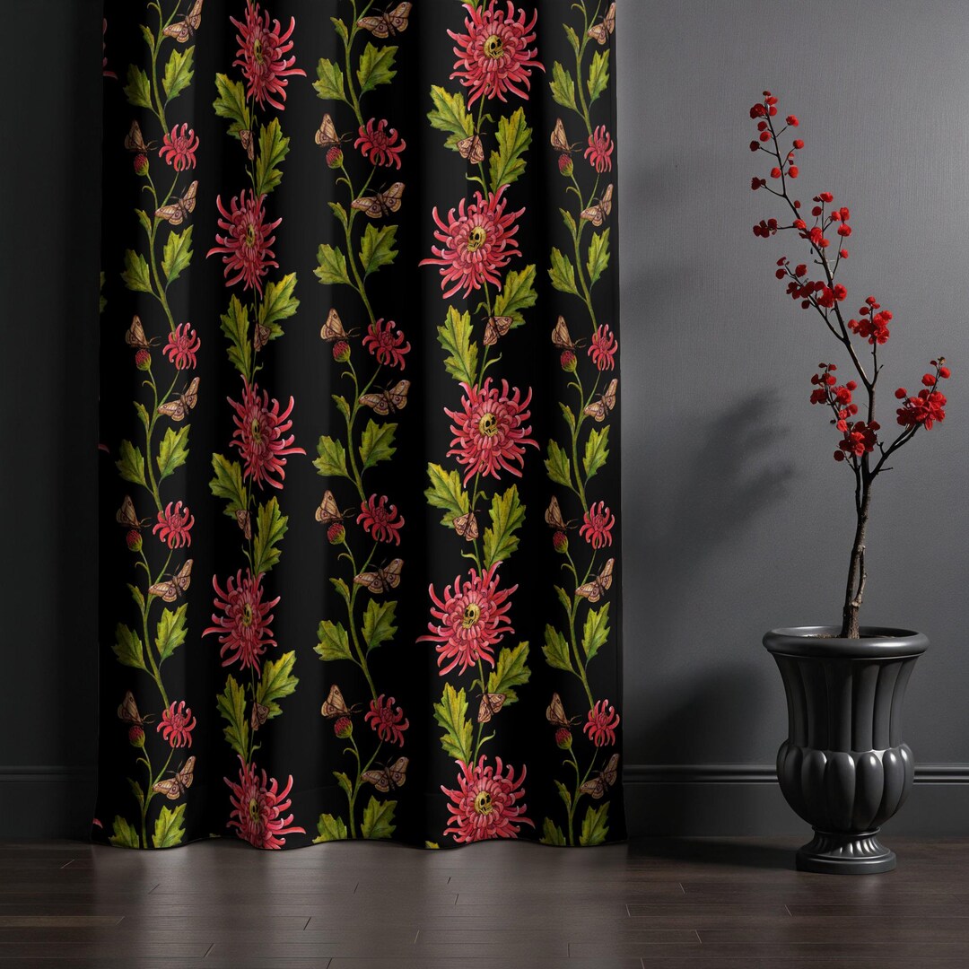 Floral Skull Curtains, Two-piece Gothic Grommet Window Drapes W/ Moody ...