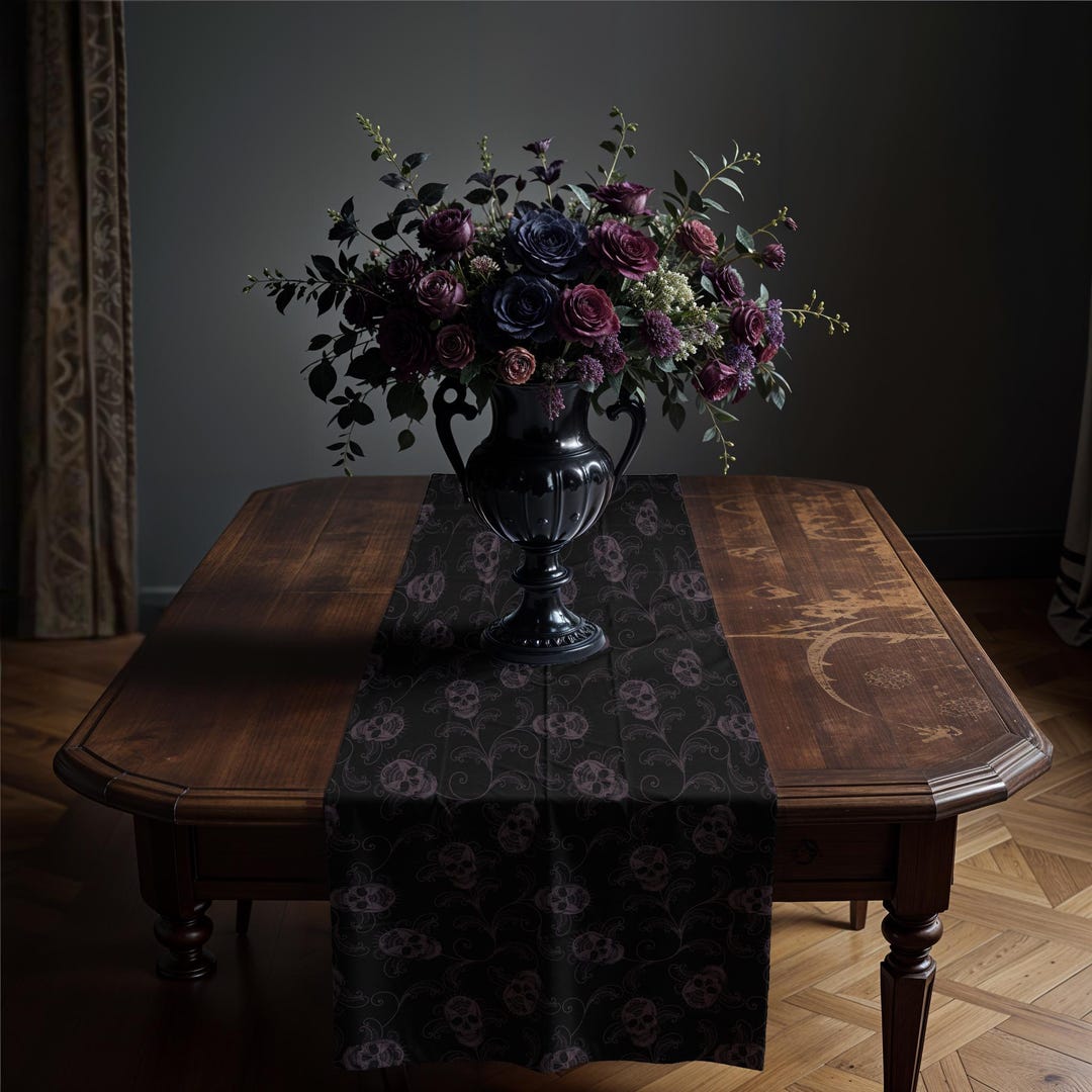 Dark Academia Table Runner, Whimsigoth Kitchen Witch Human Skull Vine ...