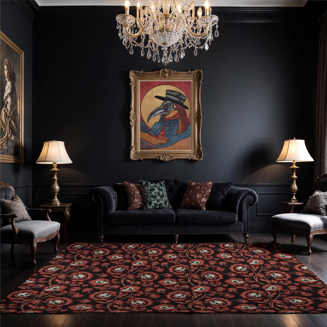 Red Gothic Floor Mat, Flat No-pile Moody Maximalist Area Rug W/ Spooky ...