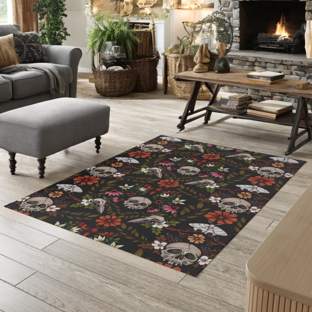Forest Witch Rug. Enchanting Dark Cottagecore Skull Moth & Flower ...