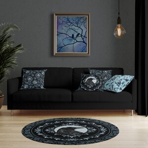 Round Gothic Raven Rug, Black & Blue Witchy Crowcore Decorative Accent ...