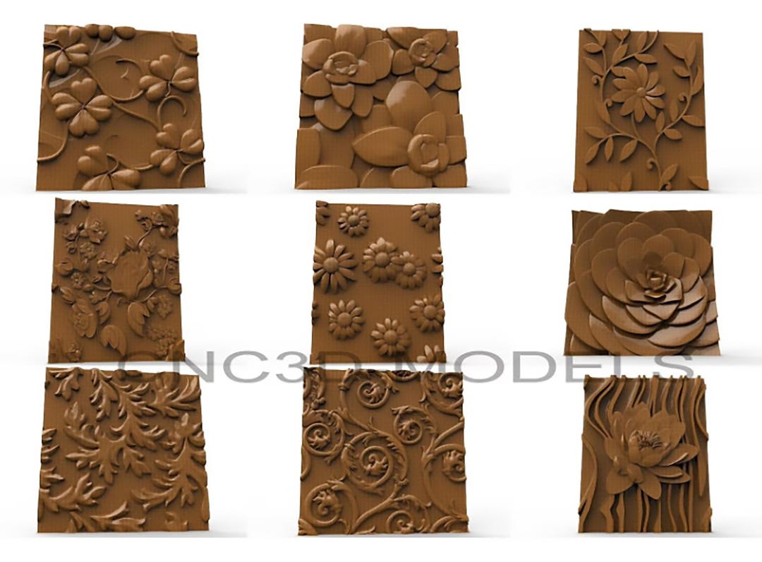 Flowers Panel 3D STL Model, CNC Carving, Relief Artcam Aspire (9 Pcs ...