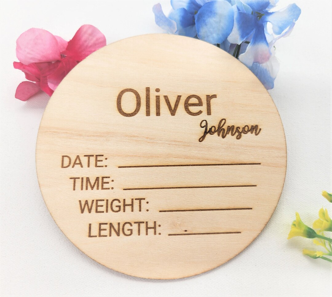 Round Wooden Baby Plaque, Modern Birth Announcement, Engraved Wooden ...