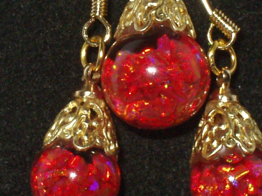 Opal Necklace Pendant Earring Set Fire Red Opals Floating Opals Like ...
