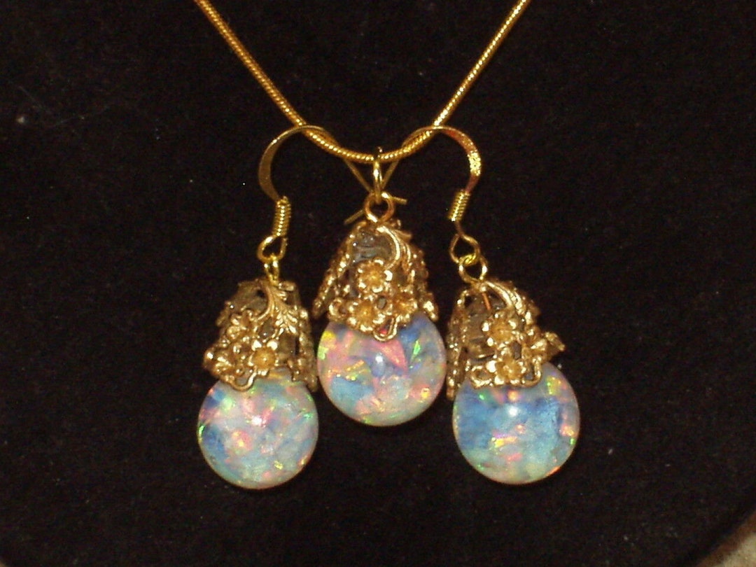 Opal Necklace Pendant Earrings Set Floating Opals Glass Globes Like ...