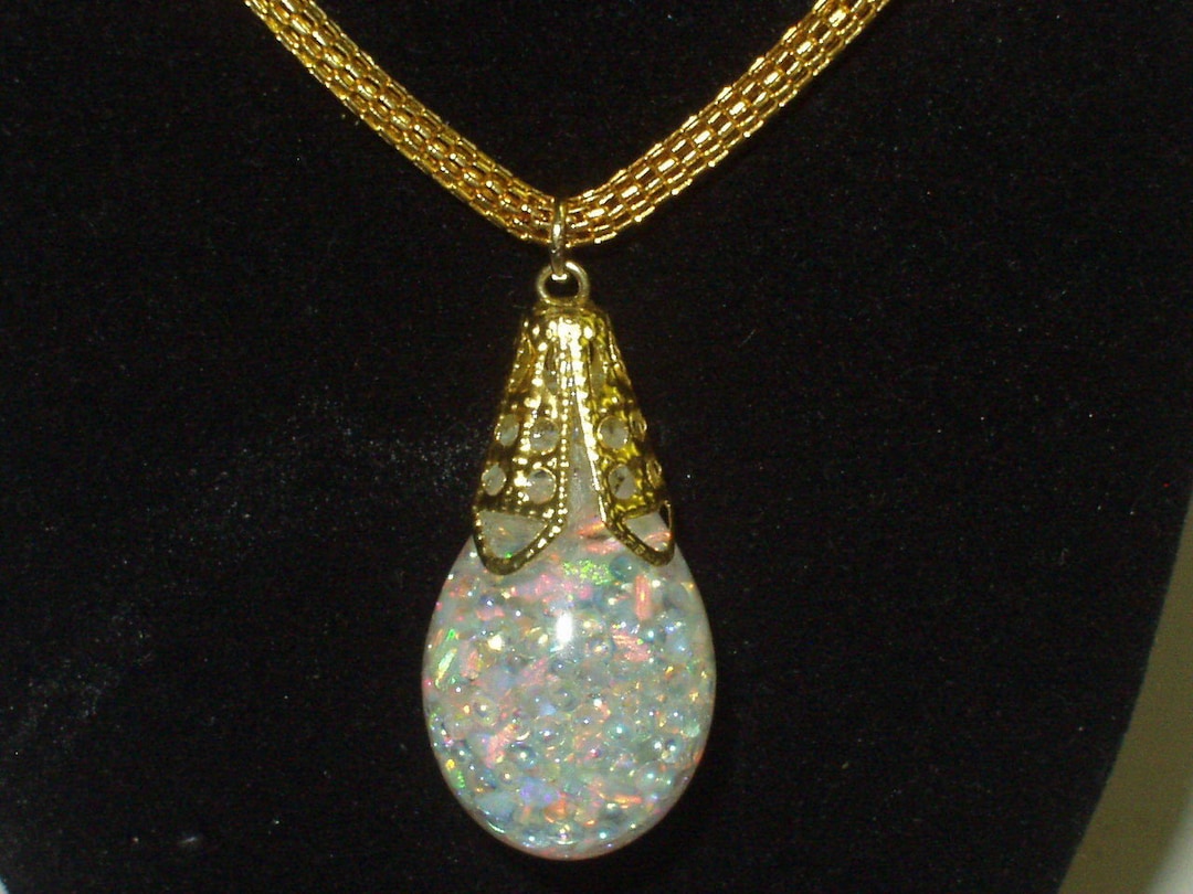 Very Large Opal Necklace Pendant Aurora Borealis Glass Floating Opals ...