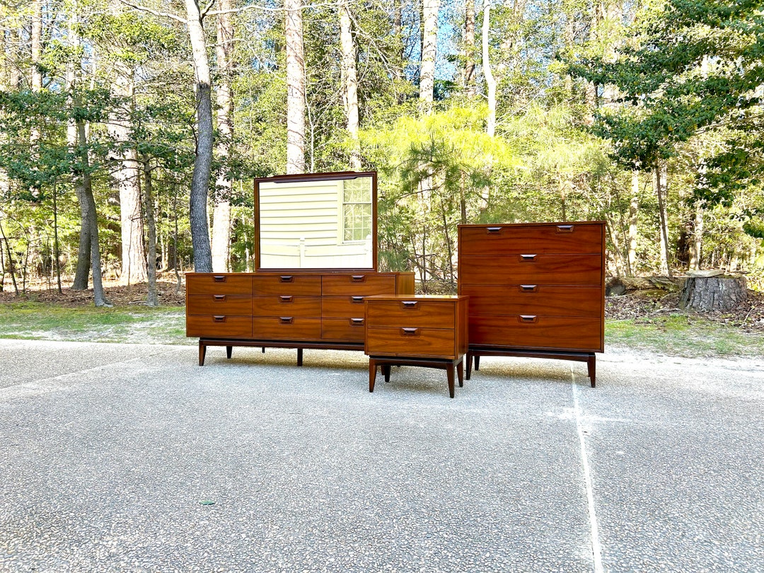 Mid Century Bedroom Set . Triple Dresser With Mirror . Highboy Dresser ...