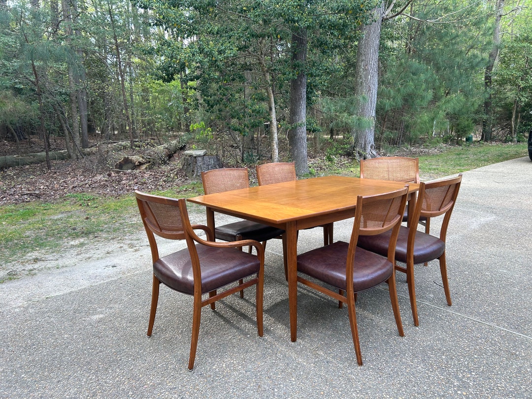 Mid Century Drexel Parallel Dining Set With Six Can Back Chairs and Two ...