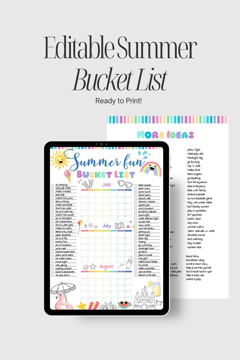 Editable Summer Calendar Printables Instant Digital Download Summer Fun ...