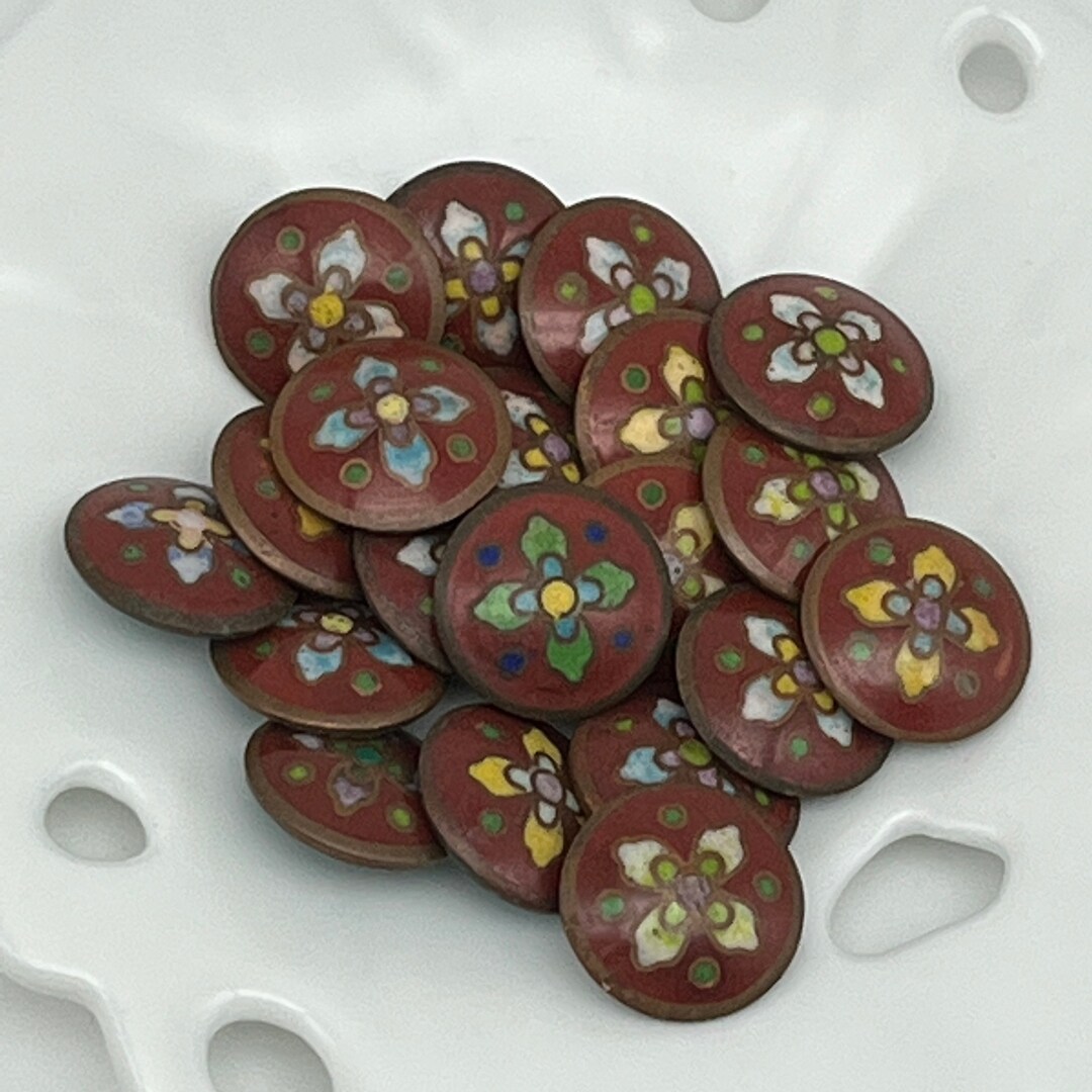 16mm 70S Antique Chinese Cloisonné Enamel Round Floral Flower Button ...