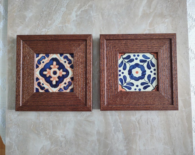 Set of 2 Talavera Tiles in Mission Style Oak Frames, 4x4 In. Mexican ...