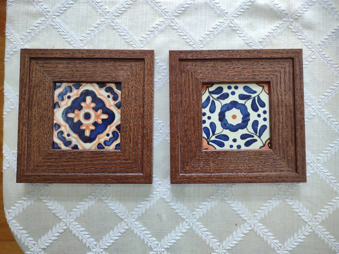 Set of 2 Talavera Tiles in Mission Style Oak Frames, 4x4 In. Mexican ...