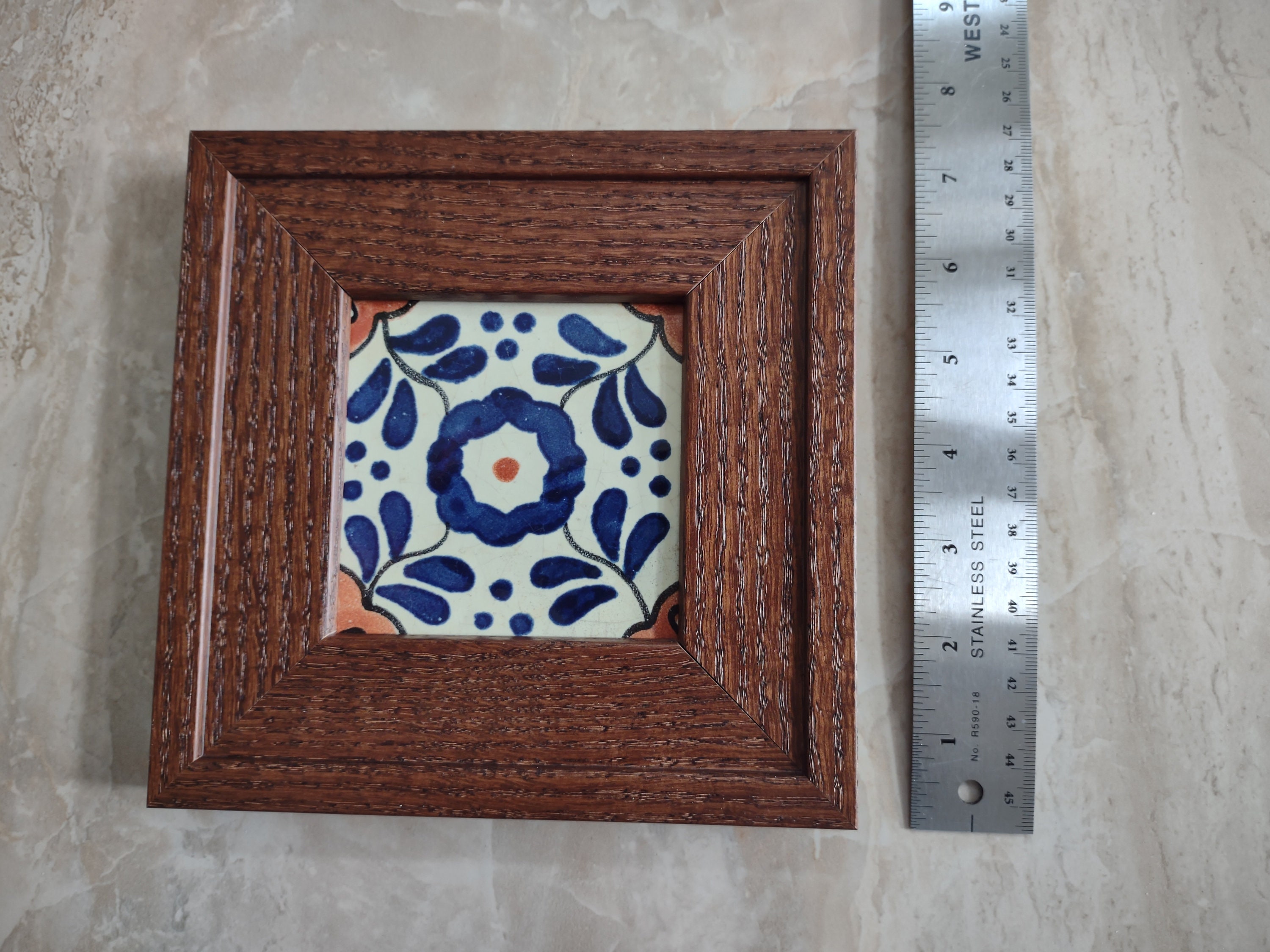 Set of 2 Talavera Tiles in Mission Style Oak Frames, 4x4 In. Mexican ...