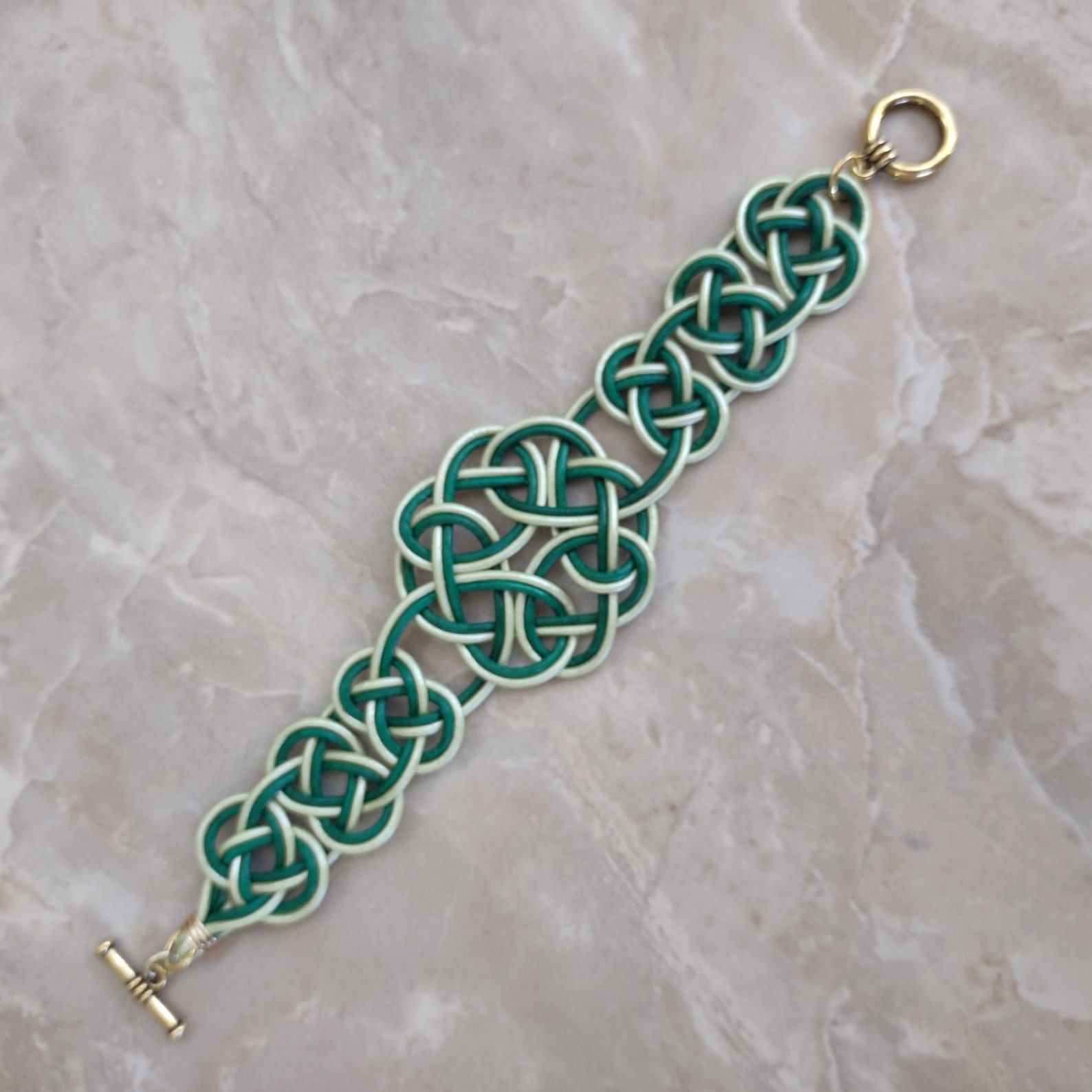 Celtic Knot Bracelet, Green Leather Cord, Irish Bracelet, Gold Toggle ...