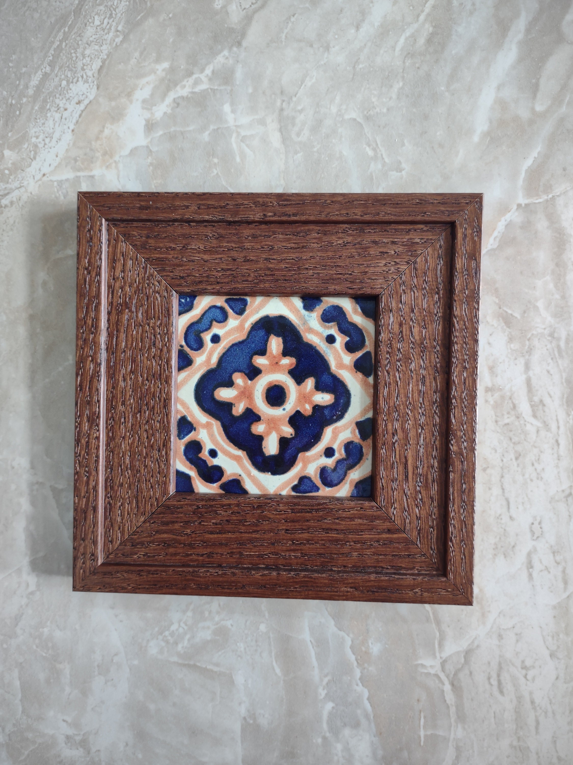 Set of 2 Talavera Tiles in Mission Style Oak Frames, 4x4 In. Mexican ...