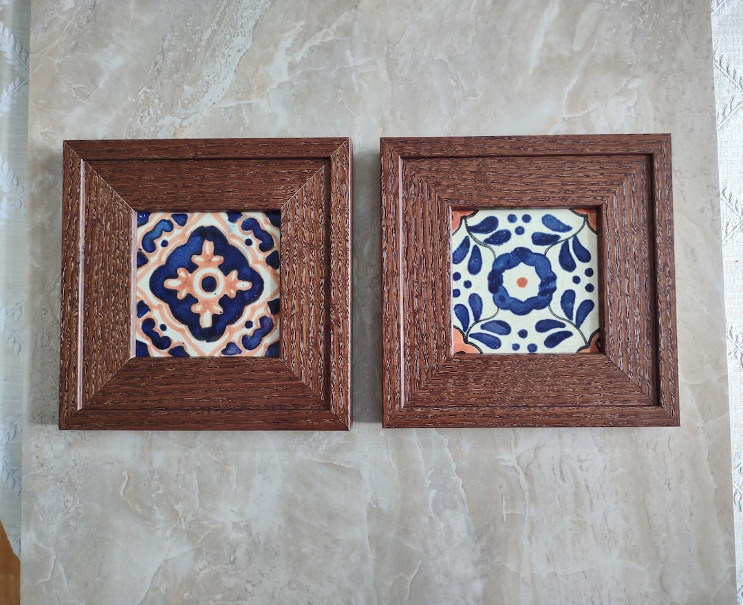 Set of 2 Talavera Tiles in Mission Style Oak Frames, 4x4 In. Mexican ...