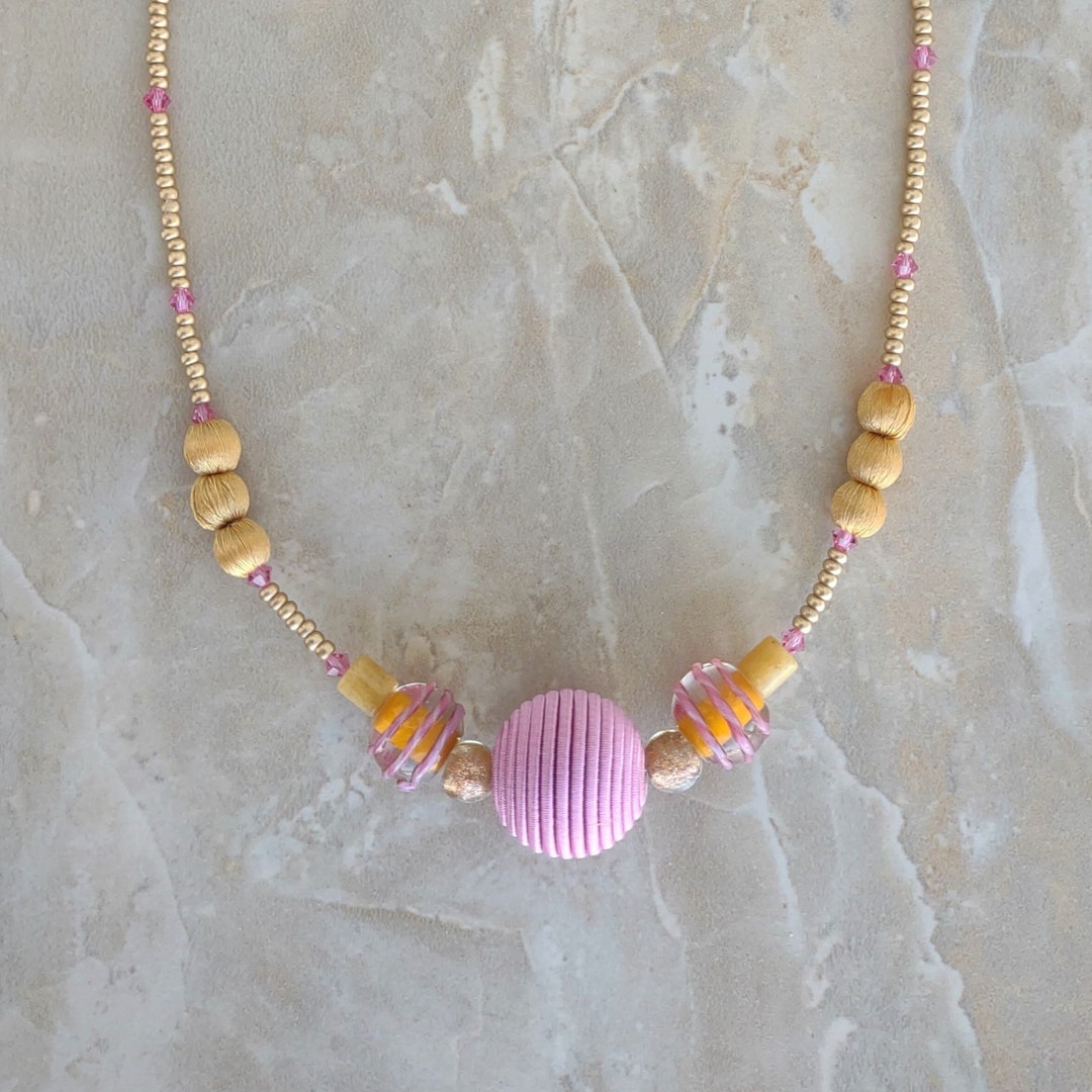 Pink and Gold Bead Necklace, Large Cord Wrapped Bead, Murano Glass ...
