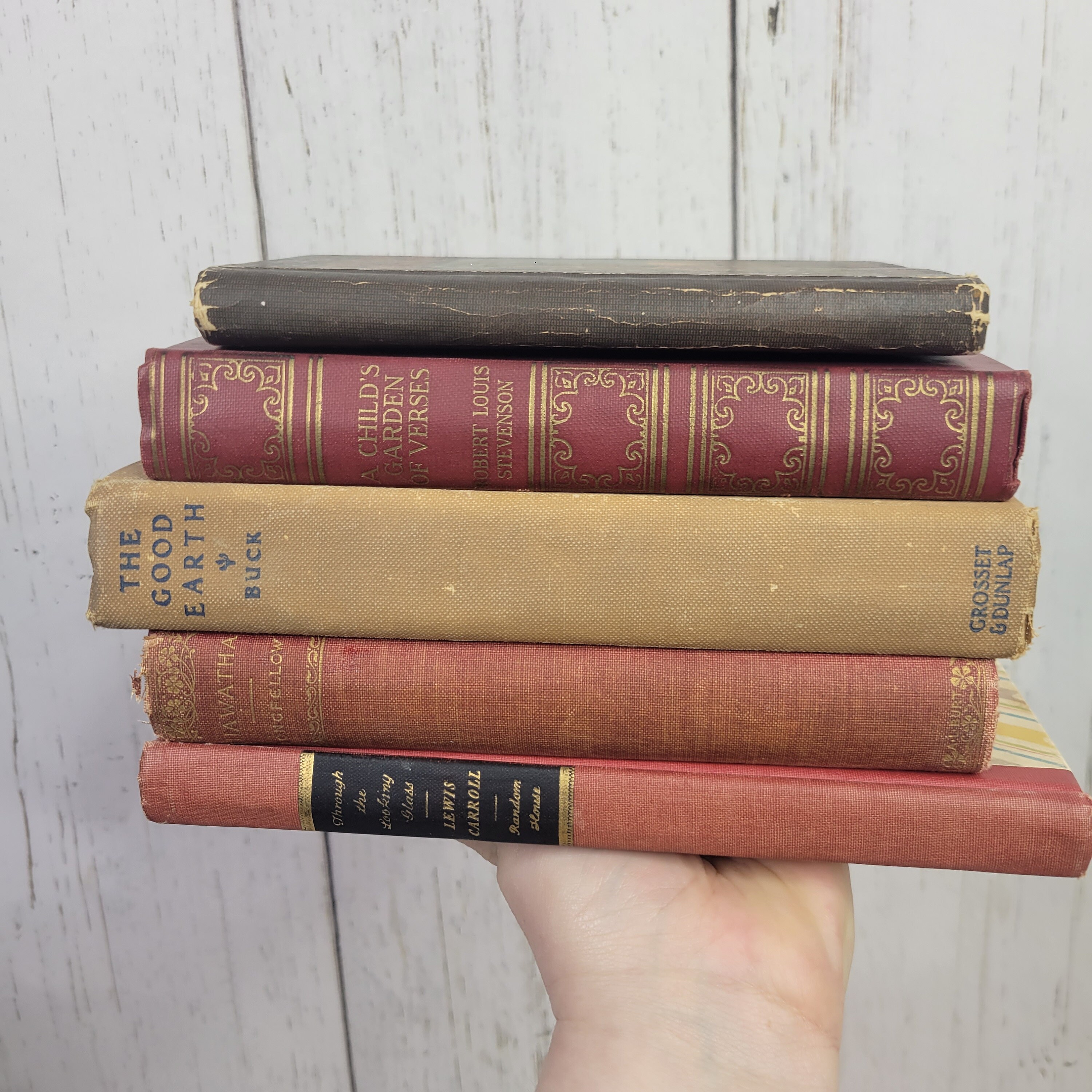 Vintage Decorative Bookstack, Books for Rustic Decor, Small Red Childrens Antique Books. Alice ...