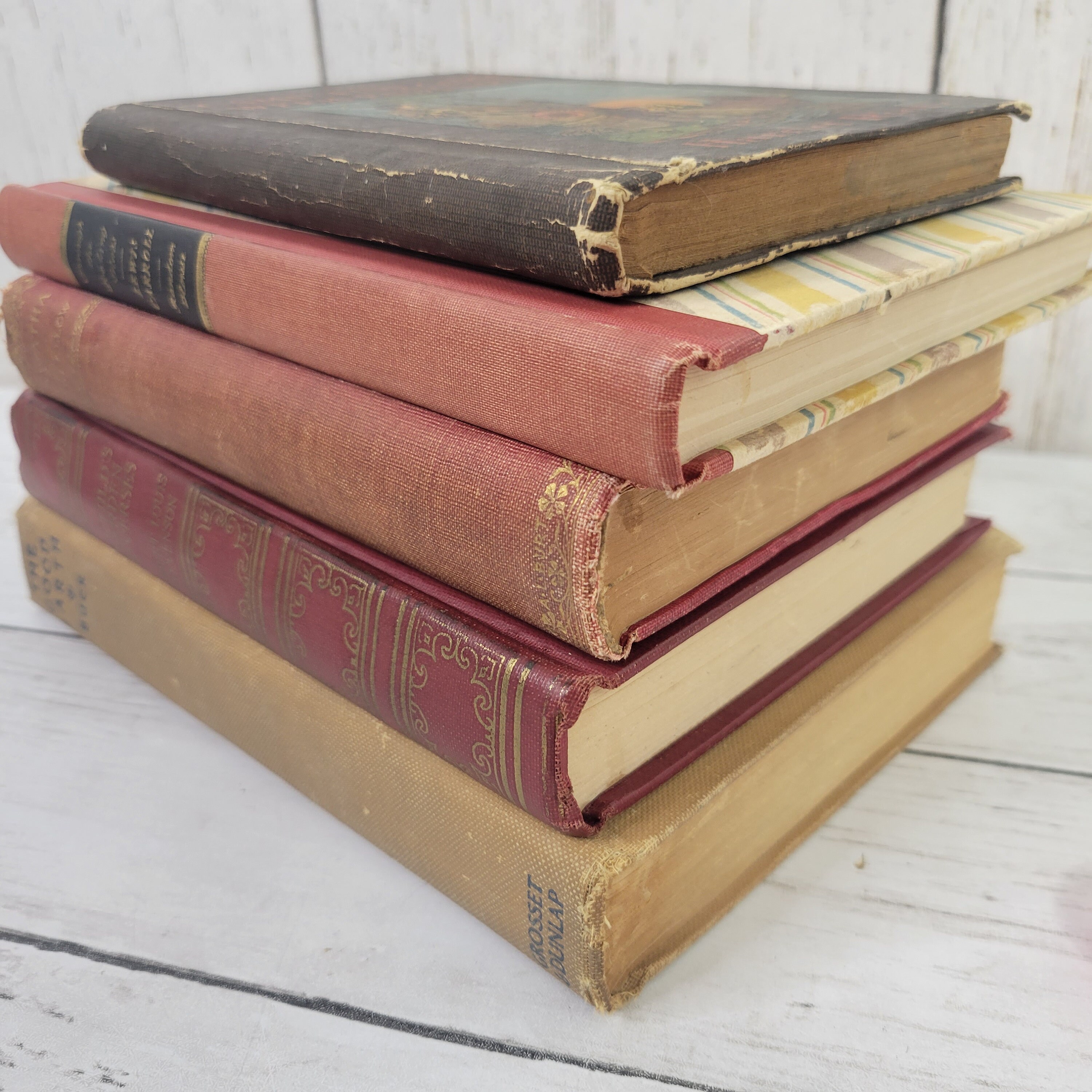 Vintage Decorative Bookstack, Books for Rustic Decor, Small Red Childrens Antique Books. Alice ...