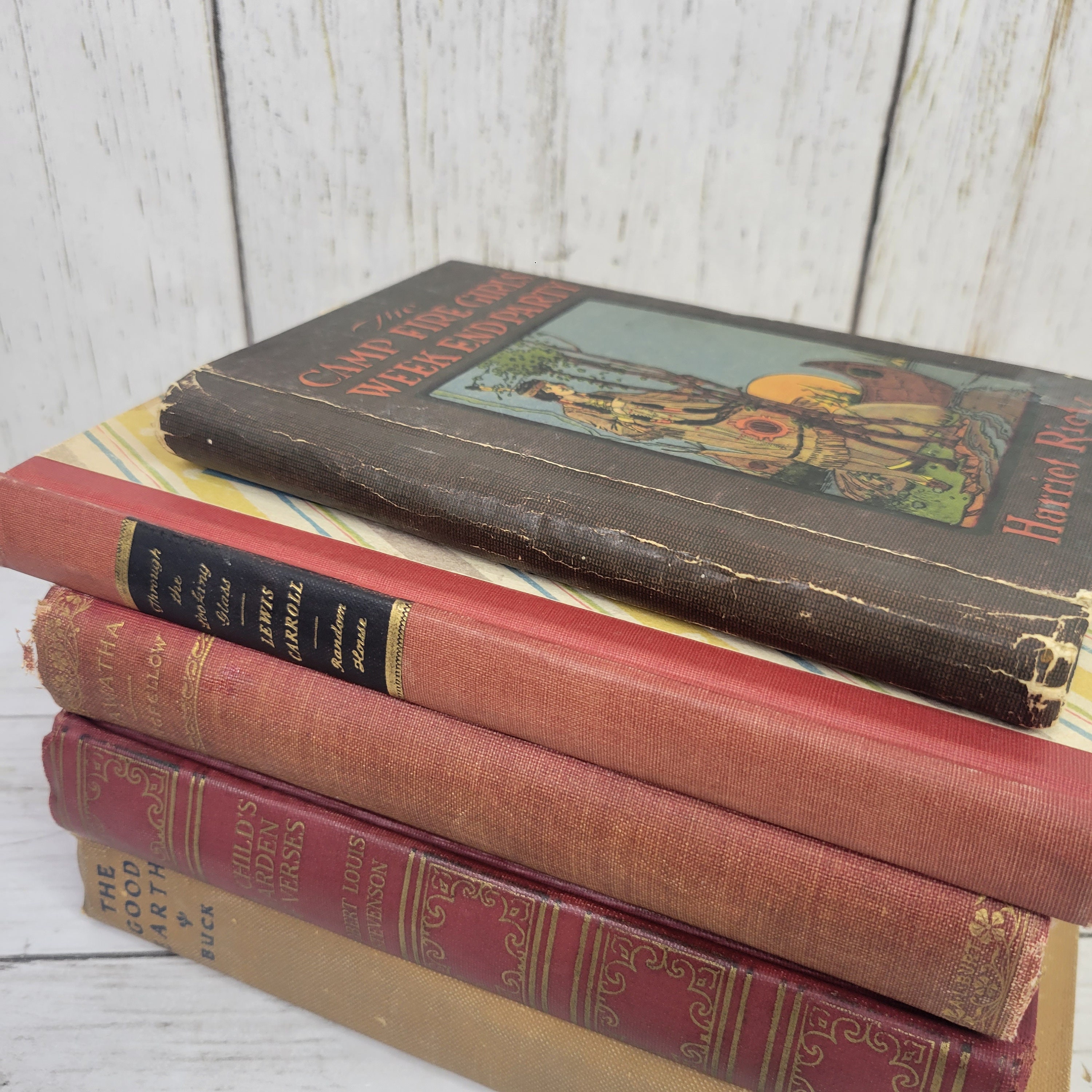 Vintage Decorative Bookstack, Books for Rustic Decor, Small Red Childrens Antique Books. Alice ...