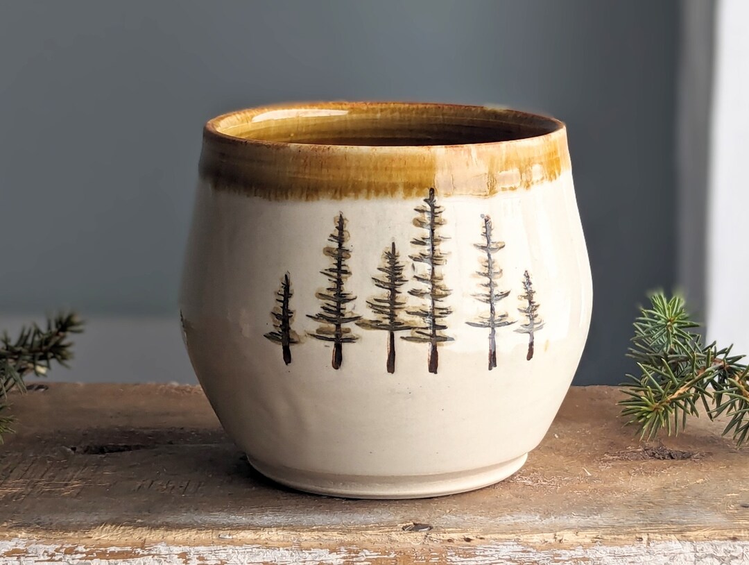 Pine Tree Pottery Tea Cup, Ceramic Sipper, 12 Ounce Tumbler, Decorative ...