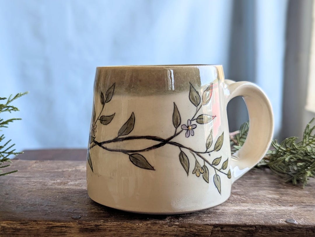 Handmade Pottery Vine Mug, 12 Ounce Ceramic Coffee Mug, Colorful Flower ...