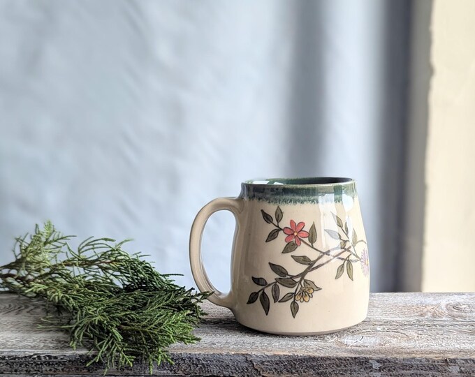 Handmade Pottery Vine Mug, 12 Ounce Ceramic Coffee Mug, Colorful Flower ...