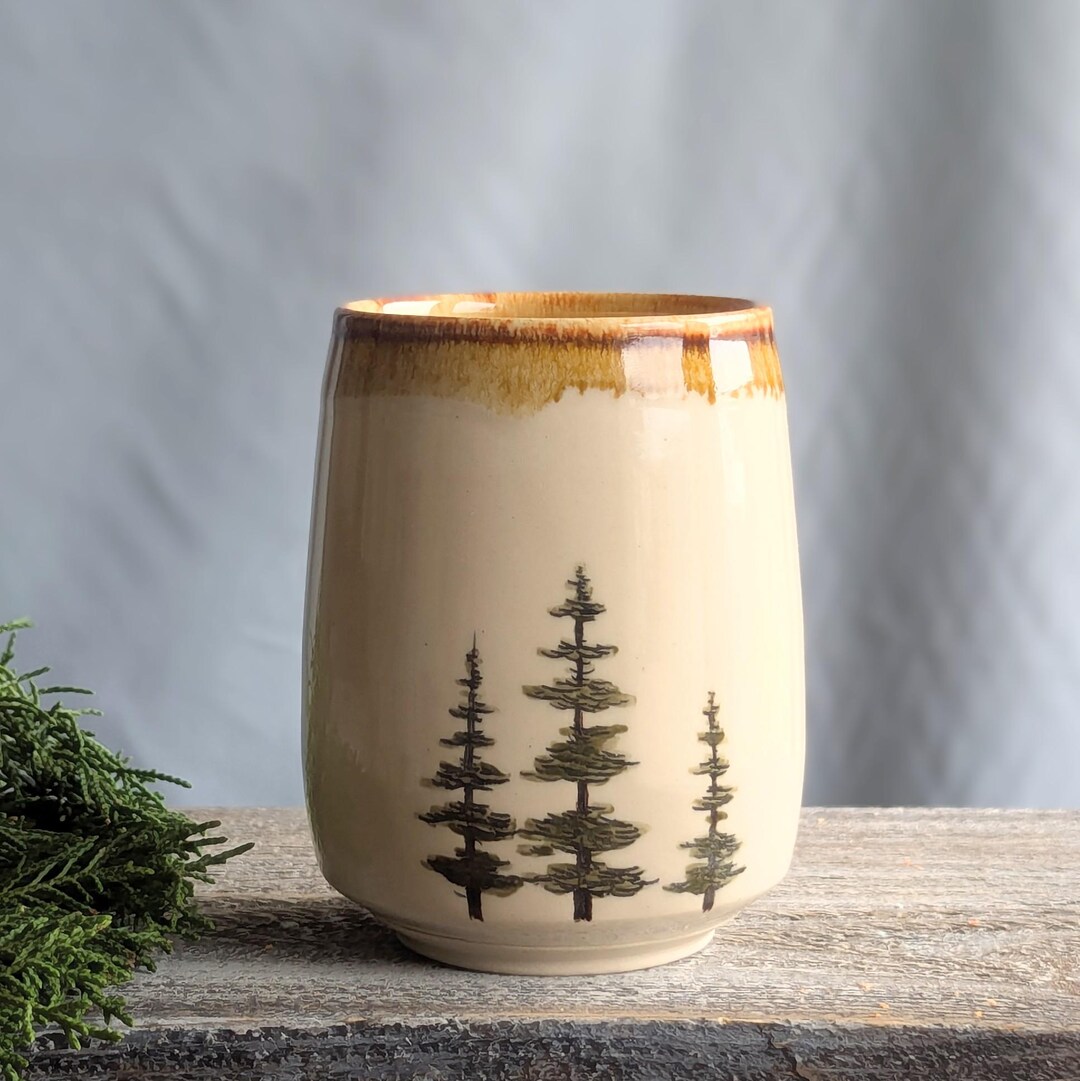 Pine Tree Pottery Tea Cup, Ceramic Sipper, 14 Ounce Tumbler, Decorative ...