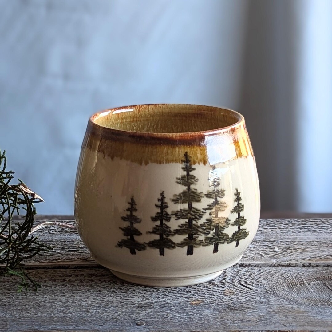 Pine Tree Pottery Tea Cup, Ceramic Sipper, 10 Ounce Tumbler, Decorative ...