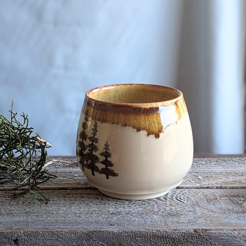 Pine Tree Pottery Tea Cup, Ceramic Sipper, 10 Ounce Tumbler, Decorative ...