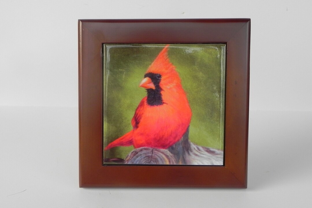 Cardinal Framed Tile, Original Painting of Cardinal Perched on a Post ...