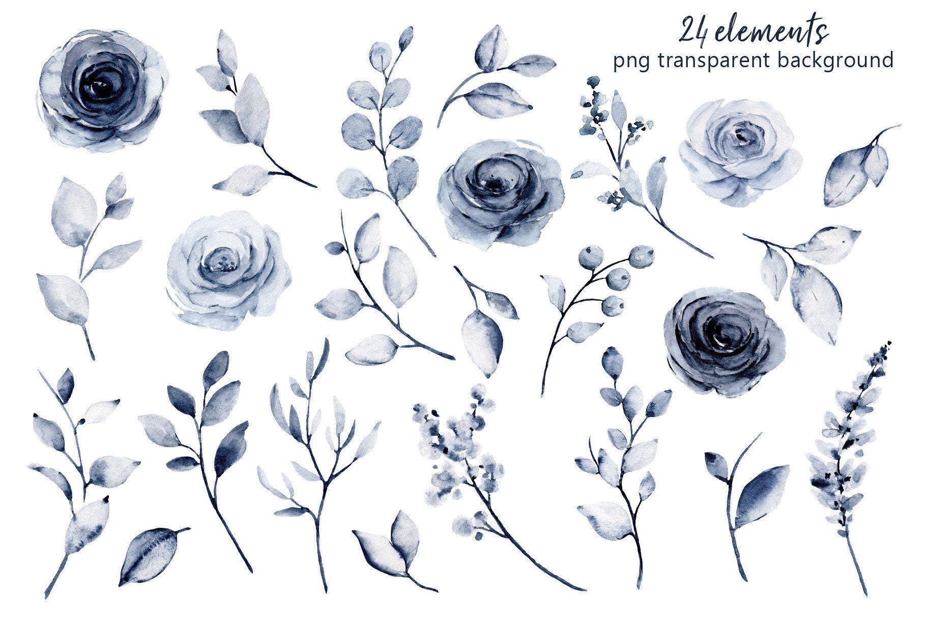 Watercolor Navy Blue Flowers and Leaves Clipart Navy Blue Roses, Floral ...